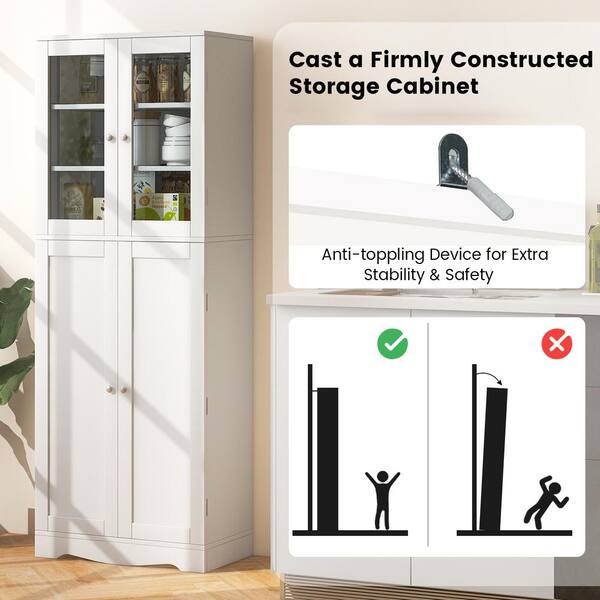 Costway White MDF 24 in. Tall Storage Cabinet Kitchen Pantry Cupboard Sideboards with Tempered Glass Doors and Shelves TH655B79IT The Home Depot
