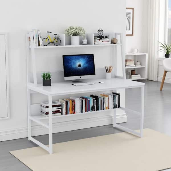 Benjara Hivy 47.24 in. Rectangular White MDF and Metal Computer Desk ...