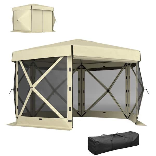 Outsunny 12 ft. x 12 ft. Beige Hexagonal Pop Up Gazebo Canopy Tent with ...