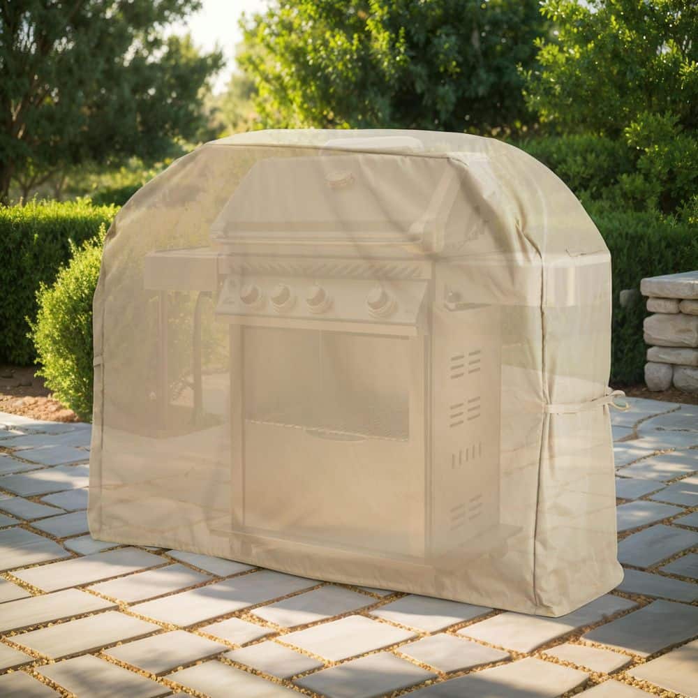 58 in. w Beige Fabric BBQ Grill Cover with Handles, Water-repellent, UV ...