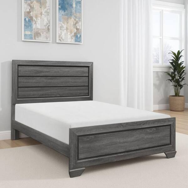 Benjara Erin Gray Wood Frame Queen Size Panel Bed with Embossed Faux Wood BM295851 - The Home Depot