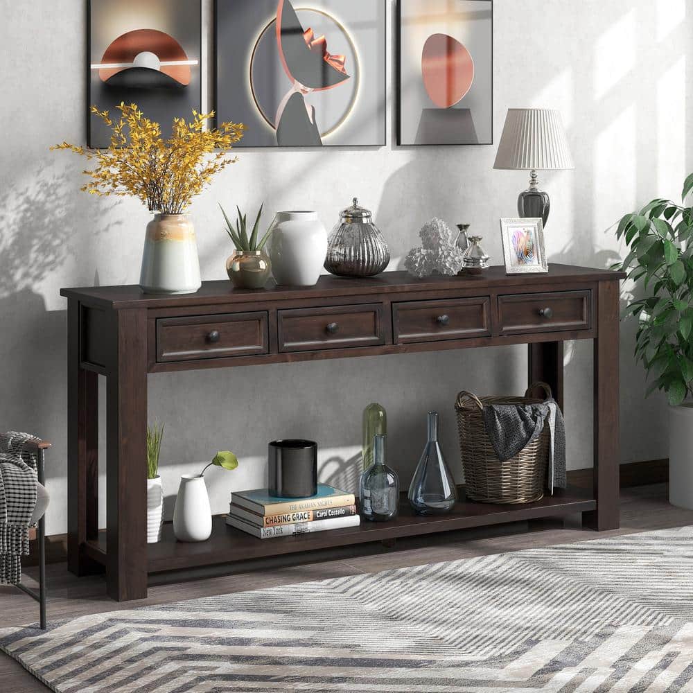 Polibi 63 in. Espresso Rectangle Wood Console Table with Storage ...