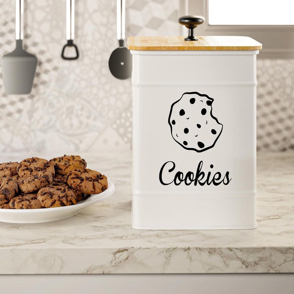 Wudkey 1 Piece White Iron Cookie Jar with Airtight Bamboo Lid ...