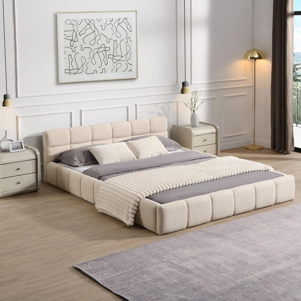 Harper & Bright Designs Beige Wood Frame Queen Size Chenille ...