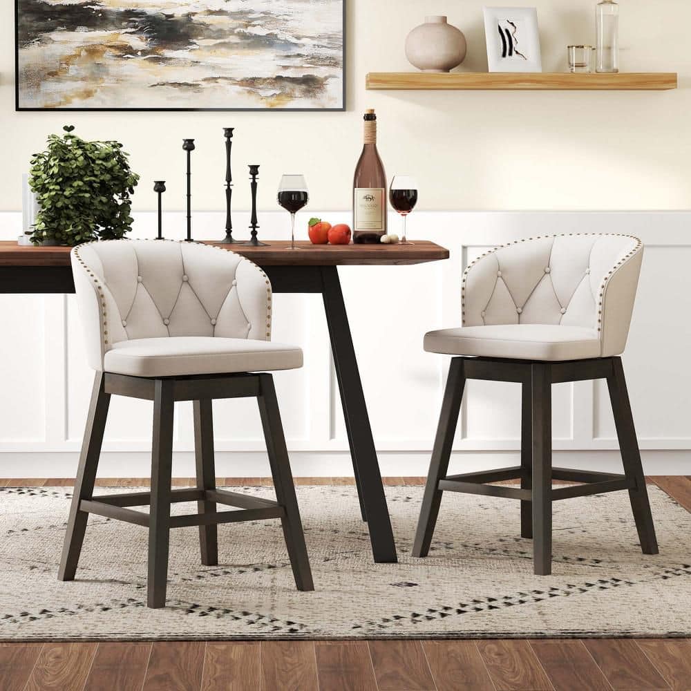 Costway Beige Counter Height Bar Stools Fabric Upholstered Island ...