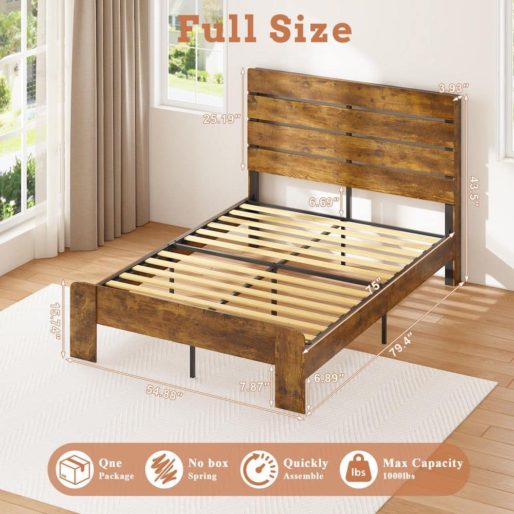 Seafuloy Rustic Brown MDF Plus Steel Frame Full Platform Bed, Bed Frame ...