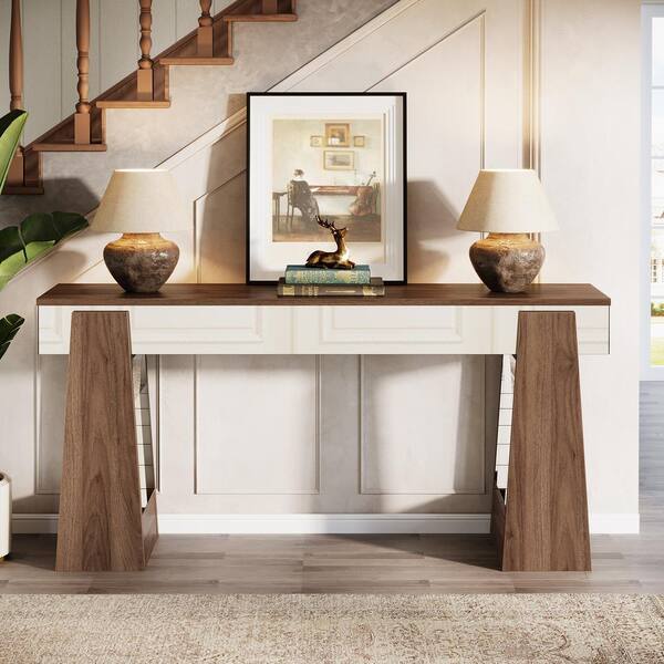 BYBLIGHT Turrella 63 in. Brown Rectangle Wood Mirrored Console Table ...