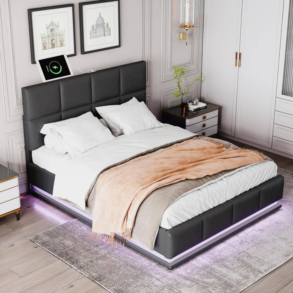 Harper & Bright Designs Black Wood Frame Queen Size PU Platform Bed ...