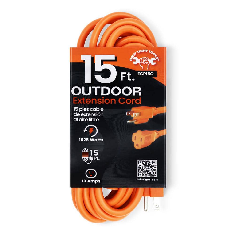 GRIP TIGHT TOOLS 15 ft. 16/3 SJT, Outdoor Extension Cord, Orange ECP15O ...