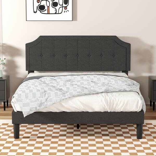 VECELO 53.93 in. W Gray Full Size Bed Frame with Headboard Upholstered ...
