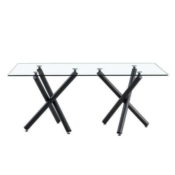 Polibi Large Modern Rectangular Clear Glass Dining Table 71 in. Black ...