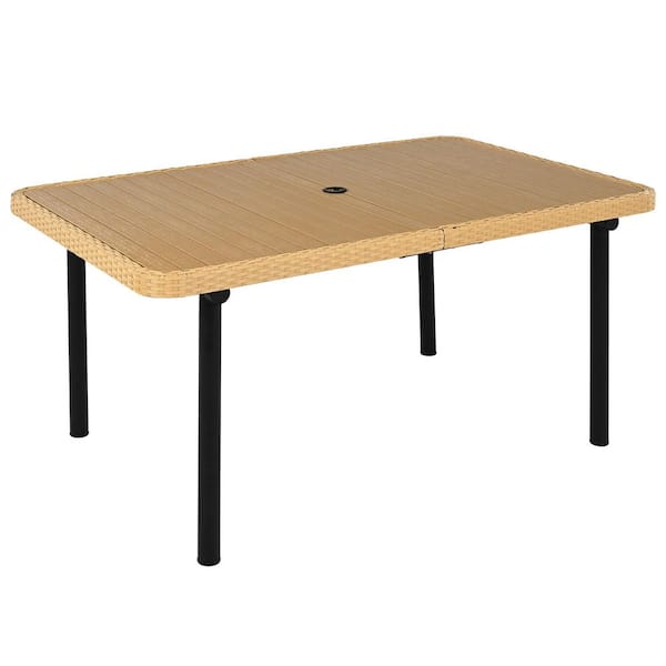 Natural Rectangular PE Wicker Outdoor Dining Table with Umbrella Hole ...