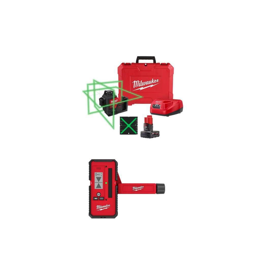 Milwaukee M12 12-Volt Green 250 ft. 3-Plane Laser Level Kit with 4.0 Ah ...