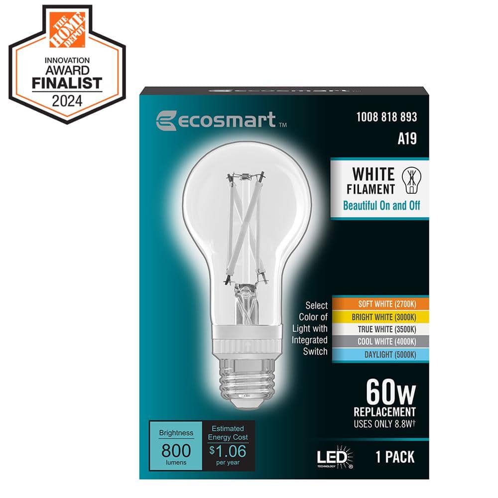 EcoSmart 60-Watt Equivalent A19 Dimmable White Filament CEC Clear Glass ...
