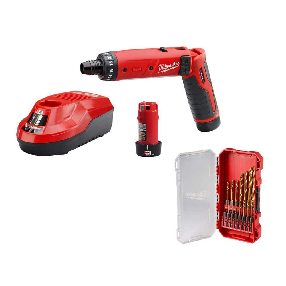Milwaukee M4 4V 1/4 in. Hex Screwdriver 2-Battery Kit with 15-Pc ...