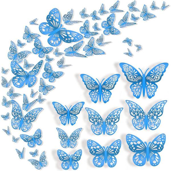 72-Piece 4.7 in. x 4.7 in. Blue 3D Removable Butterfly Wall Decal ...