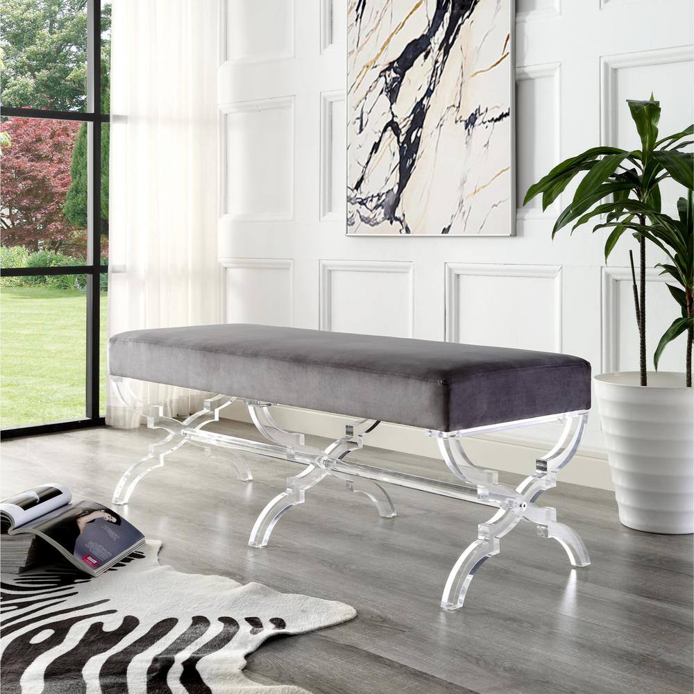 Inspired Home Reida Grey Bench With Upholstered Velvet 18 in. x 18 in ...