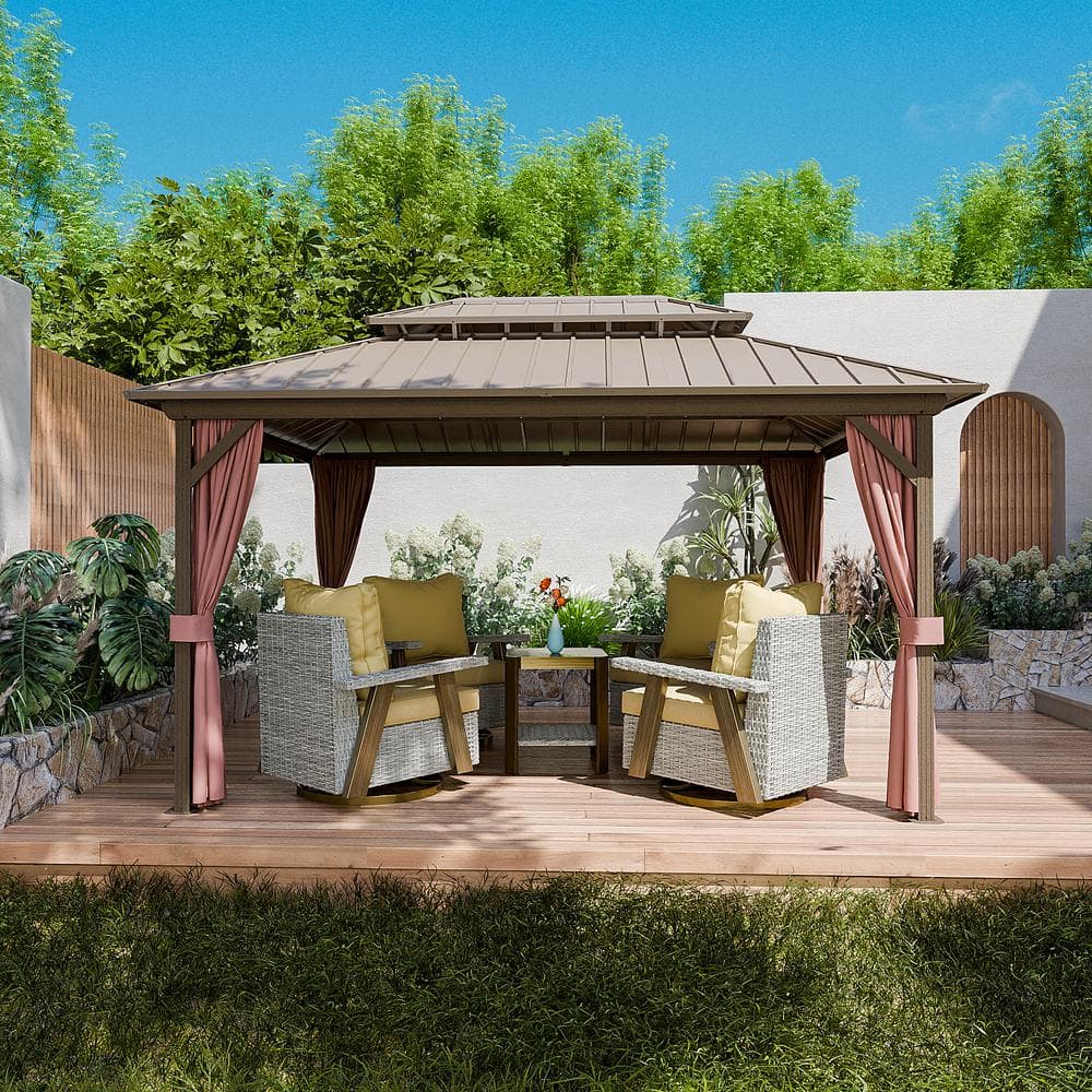 INMITOM 12 ft. x 14 ft. Aluminum Hardtop Gazebo with Double Galvanized Steel Roof, Netting and ...