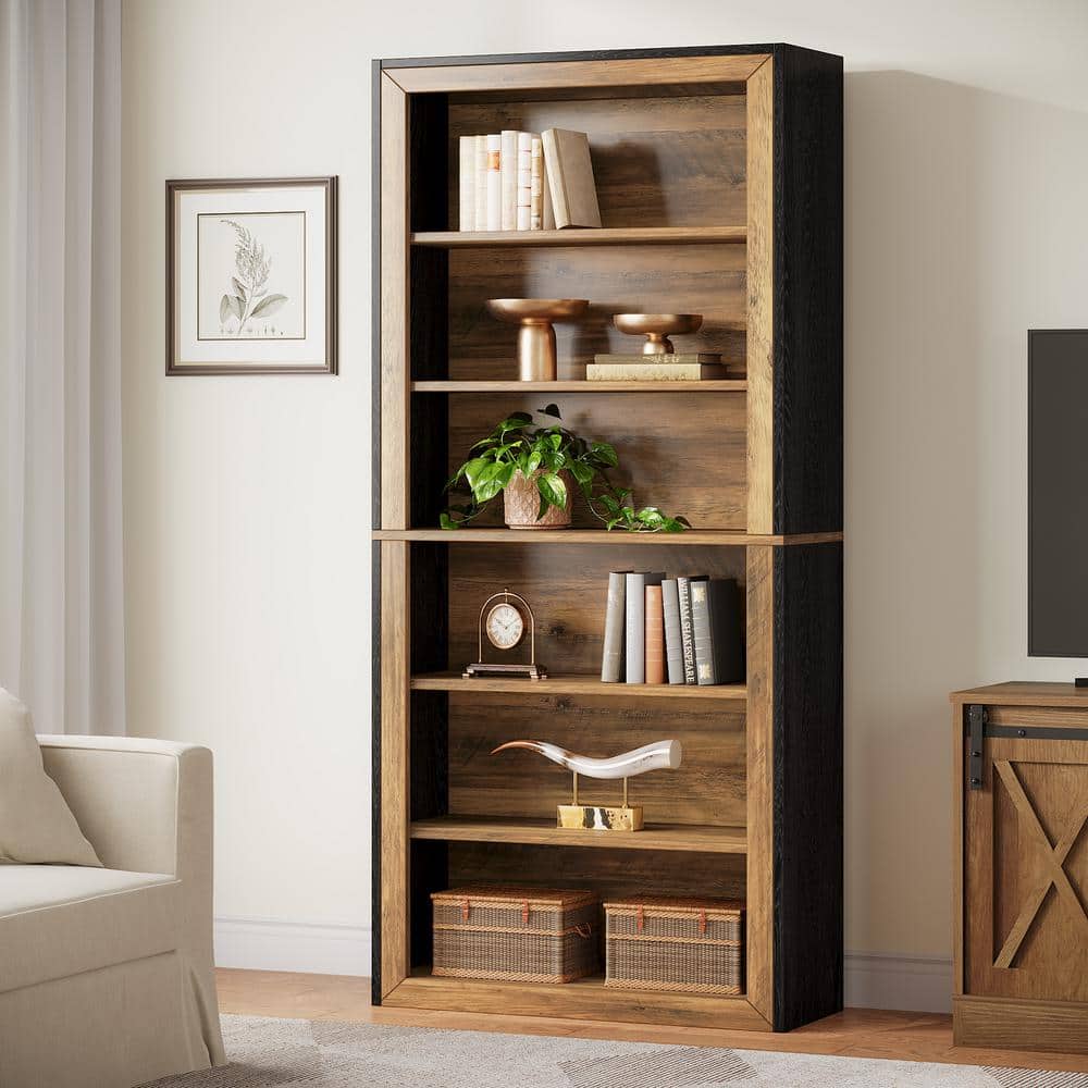 BYBLIGHT Eulas 74.4 in. Tall Brown and Black Wood 6-Shelf Open Display ...