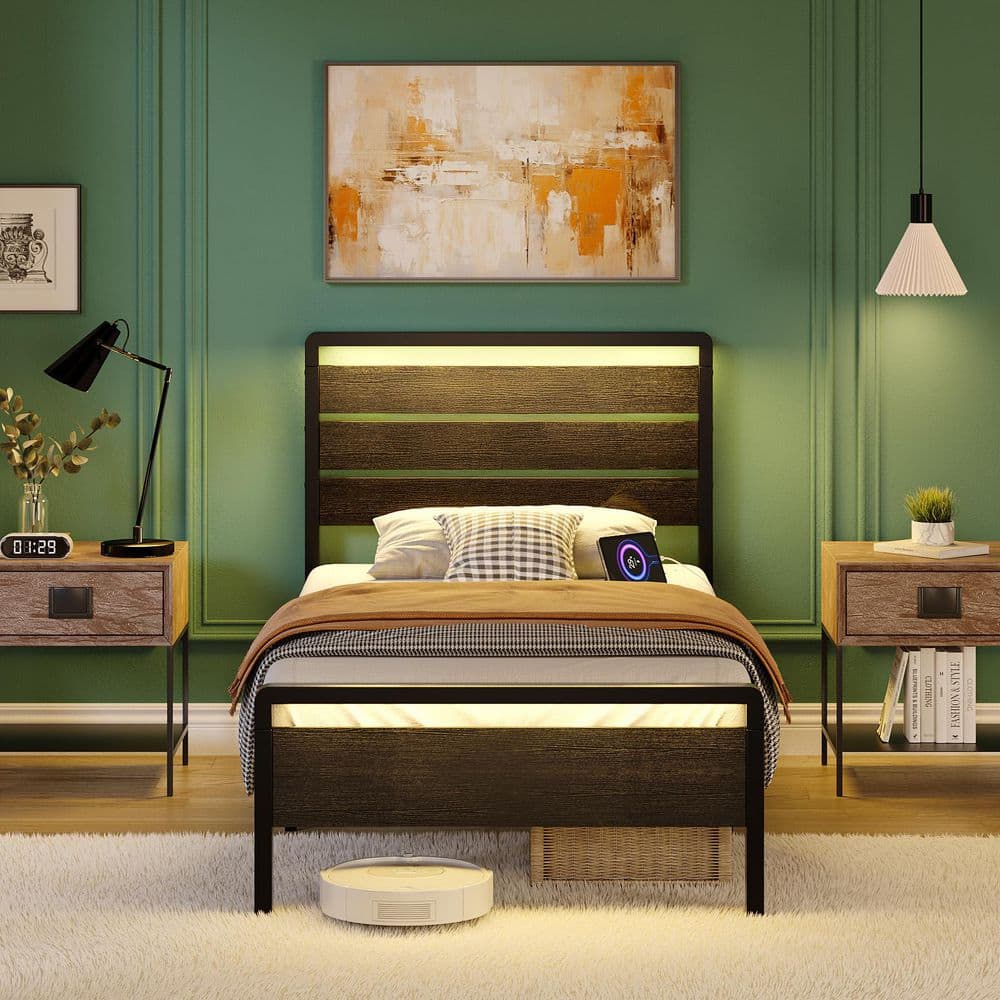 Karl home Black Metal Frame Twin Platform Bed with LED Lighting USB ...