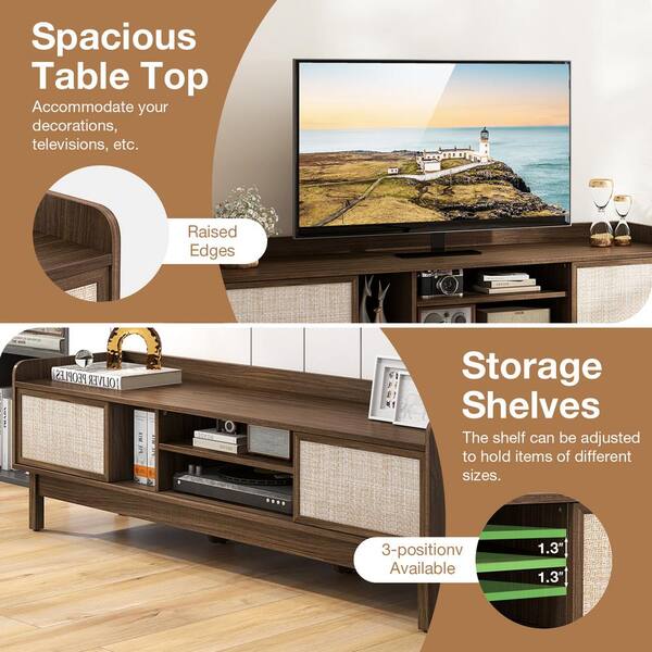 59 in. Walnut TV Stand Entertainment Center Fits TV s Up to 65 in. with Sliding Woven Doors