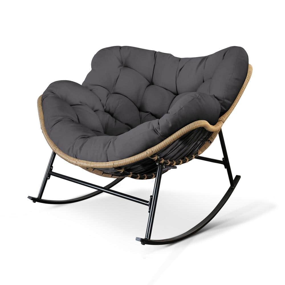 FINCATI Oversized Beige PE Wicker Outdoor Rocking Chair Papasan Chair ...