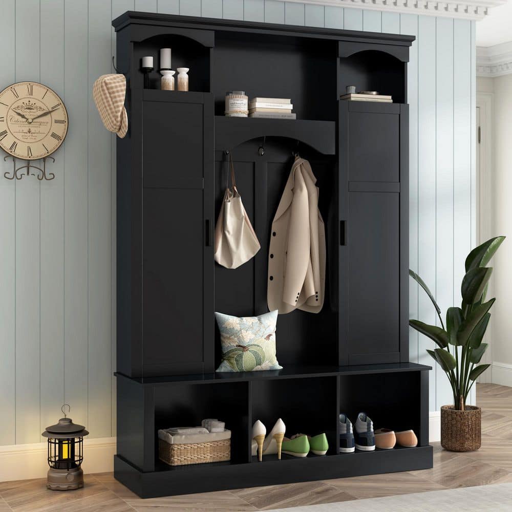 Noble House Cavira Farmhouse Black MDF Wood Entryway Hall Tree with ...