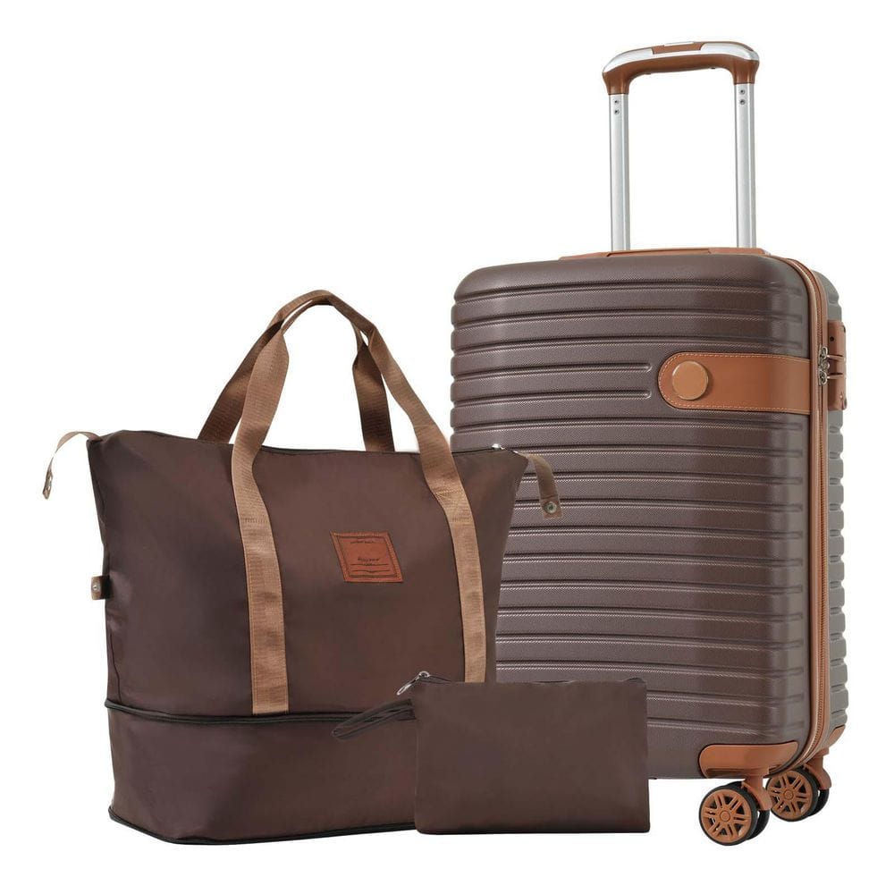 3 Piece Brown Luggage Sets, 20 in. Carry on Luggage Set w/ Handbag ...