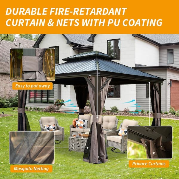 10 ft. x 12 ft. Brown Outdoor Hardtop Gazebo with Drainage System, Dual ...