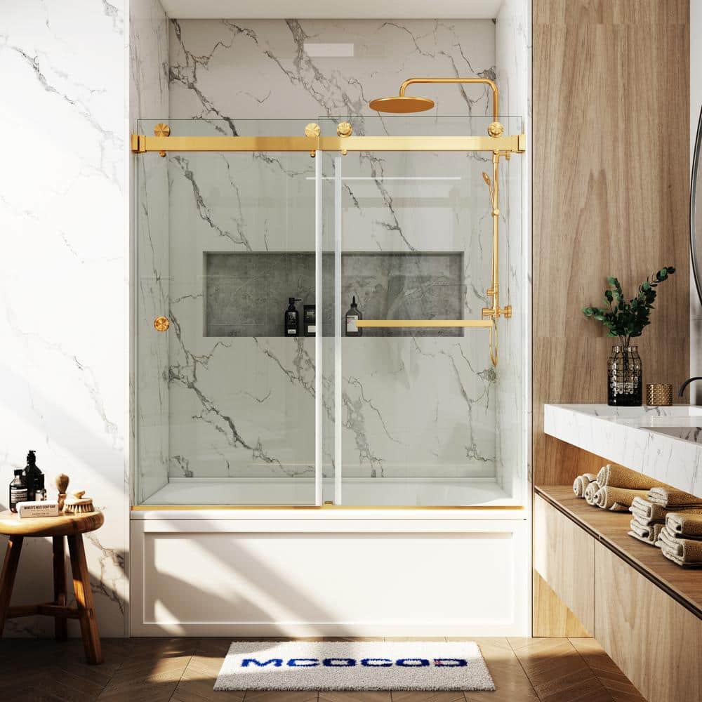 MCOCOD 56-61 in. W x 66 in. H Double Sliding Frameless Smooth Sliding Tub Door in Brushed Gold ...