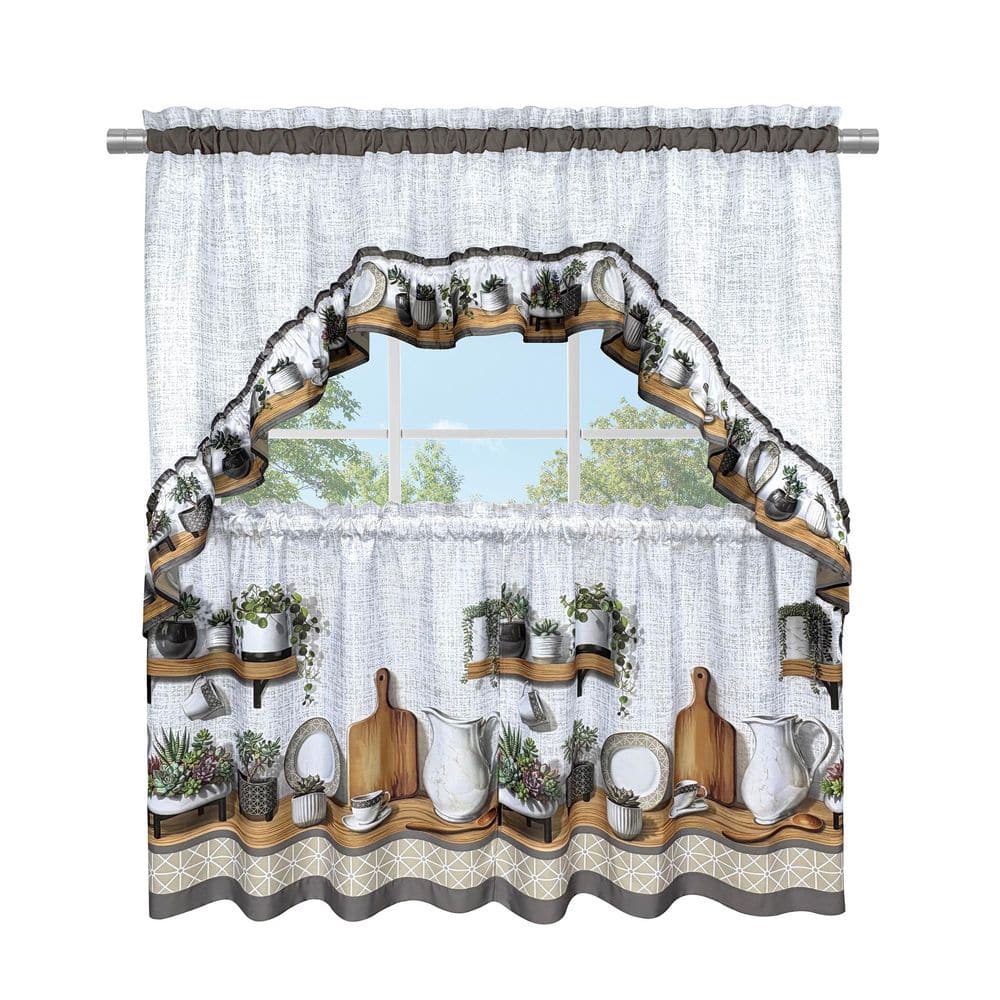 ACHIM Jade Charcoal Polyester 57 in. W x 36 in. L Printed Tier and Swag ...
