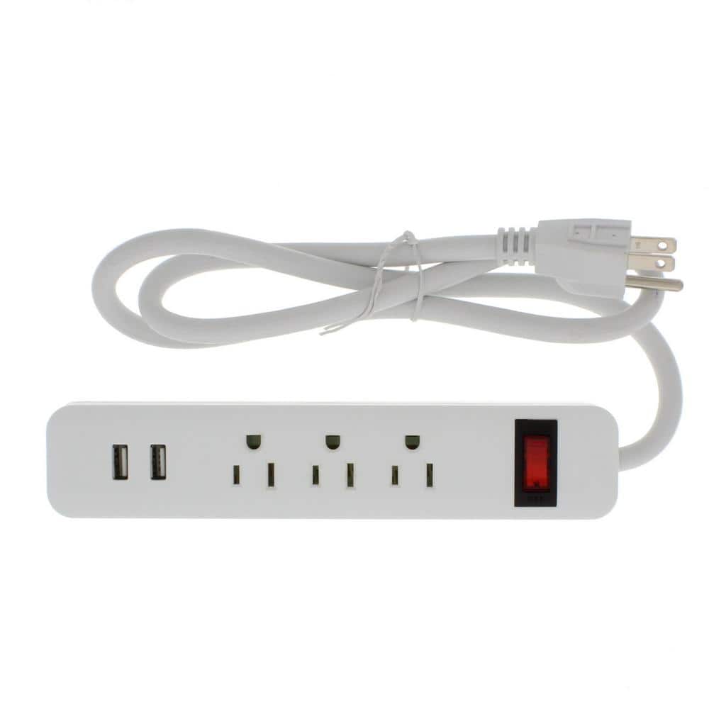 BRIGHT-WAY 2 ft. 3-Outlet and 2-USB Grounded Power Strip in White ...