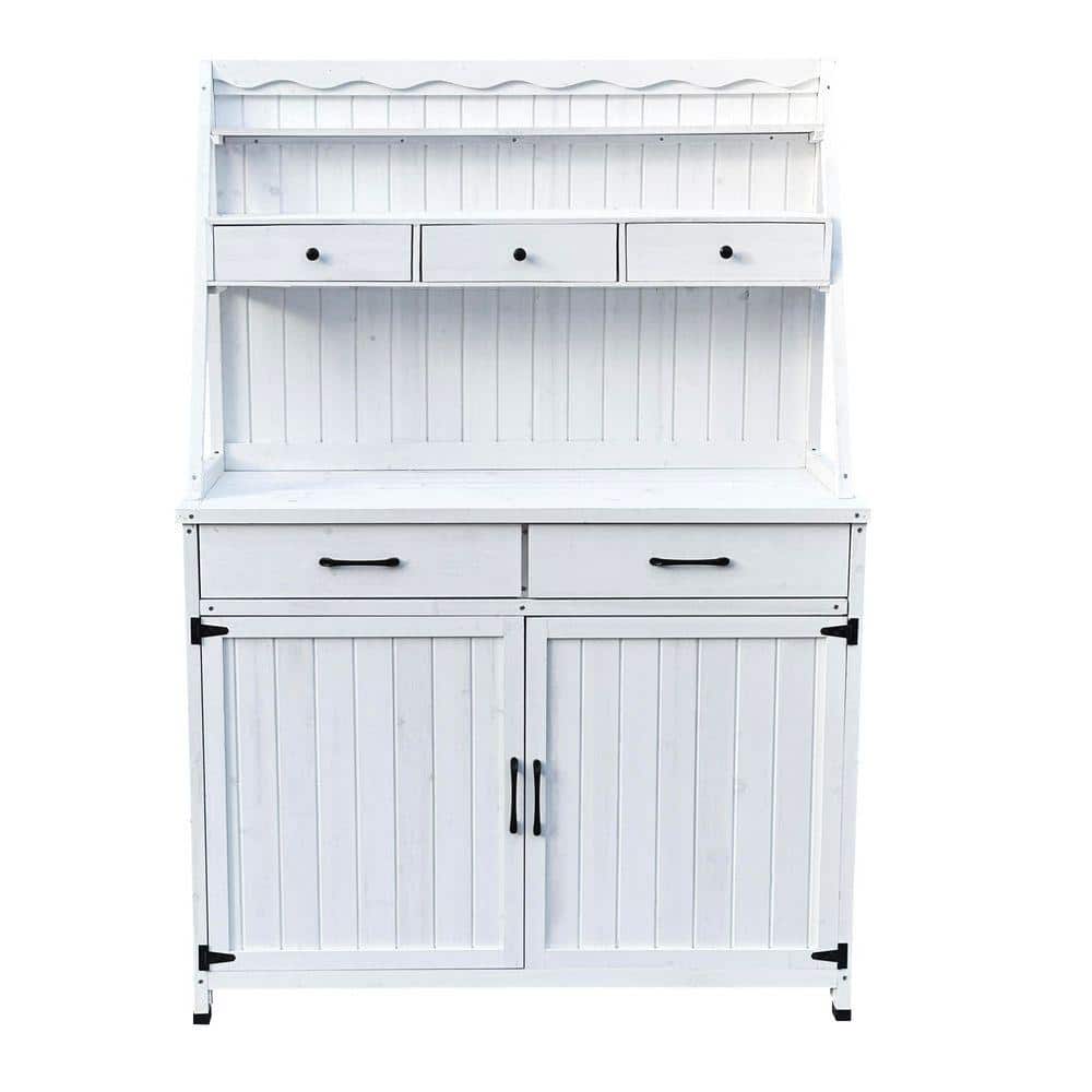 Sudzendf White Metal and Wood Outdoor Potting Bench Table, Wooden ...