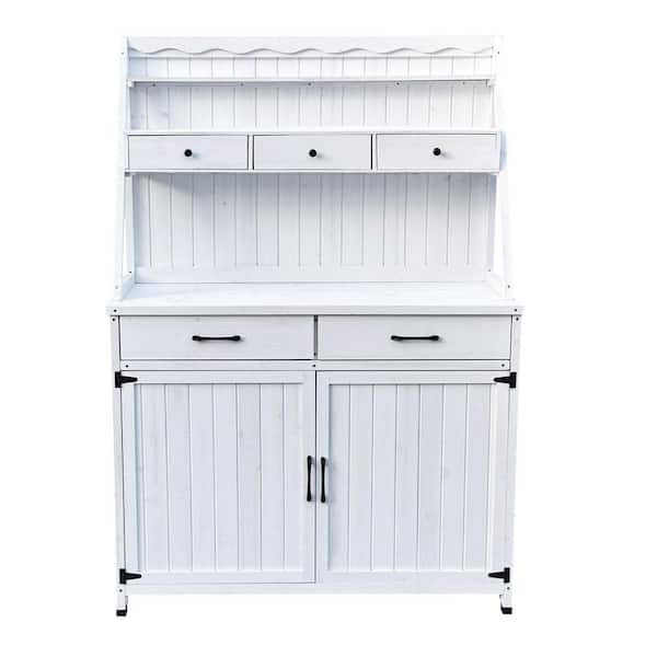 Sudzendf White Metal and Wood Outdoor Potting Bench Table, Wooden ...