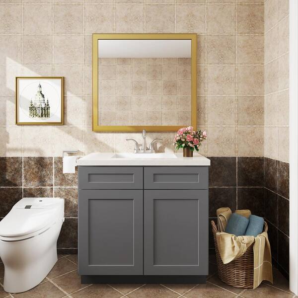 36 in. W x 21 in. D x 34.5 in. H in Shaker Grey Plywood Ready to Assemble Floor Vanity Sink Base Kitchen Cabinet