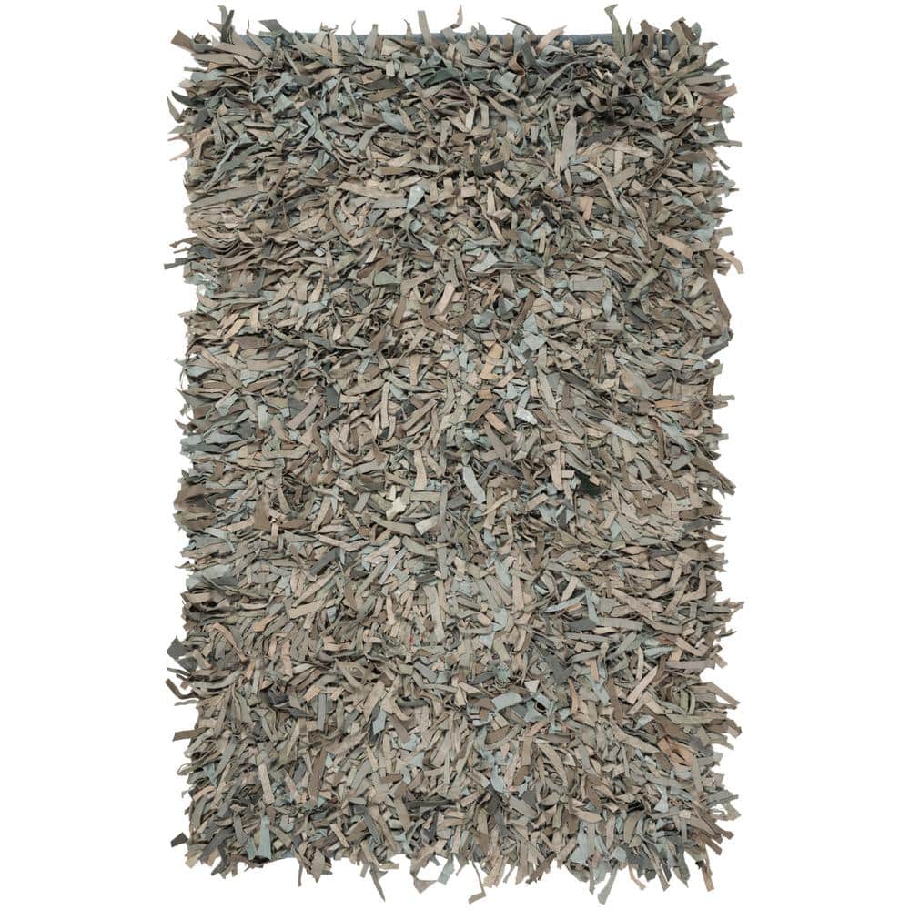 SAFAVIEH Leather Shag Gray/Beige Doormat 3 ft. x 5 ft. Solid Area Rug ...
