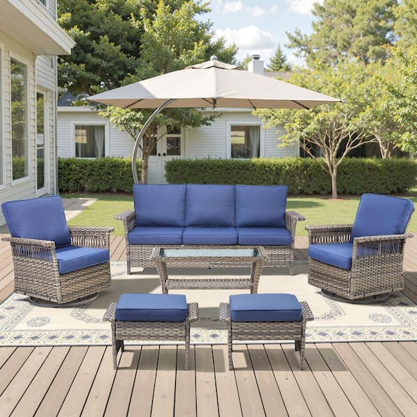 Opohoro Glidernet 6 Piece Gray Wicker Patio Conversation Set With