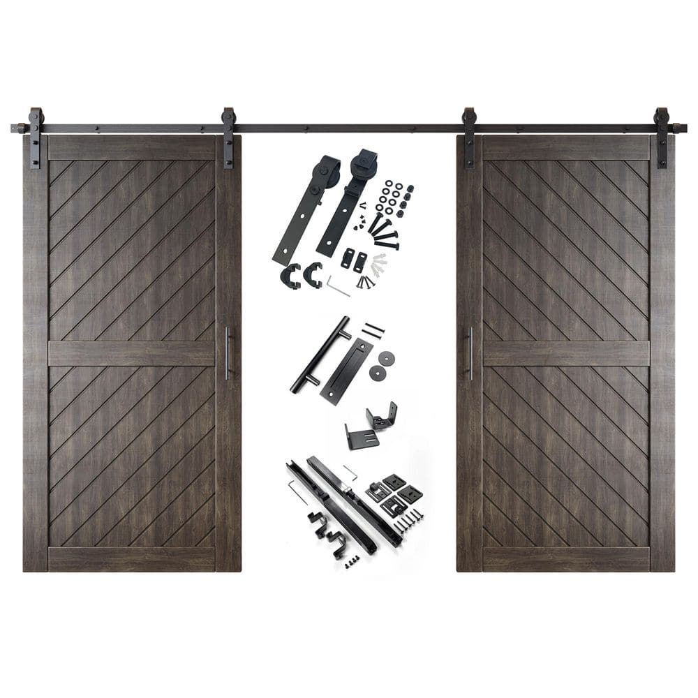 HOMACER XT1 36 in. x 80 in. C-Panel Ebony Slanted Stripe Design Double Pine Wood Sliding Barn ...