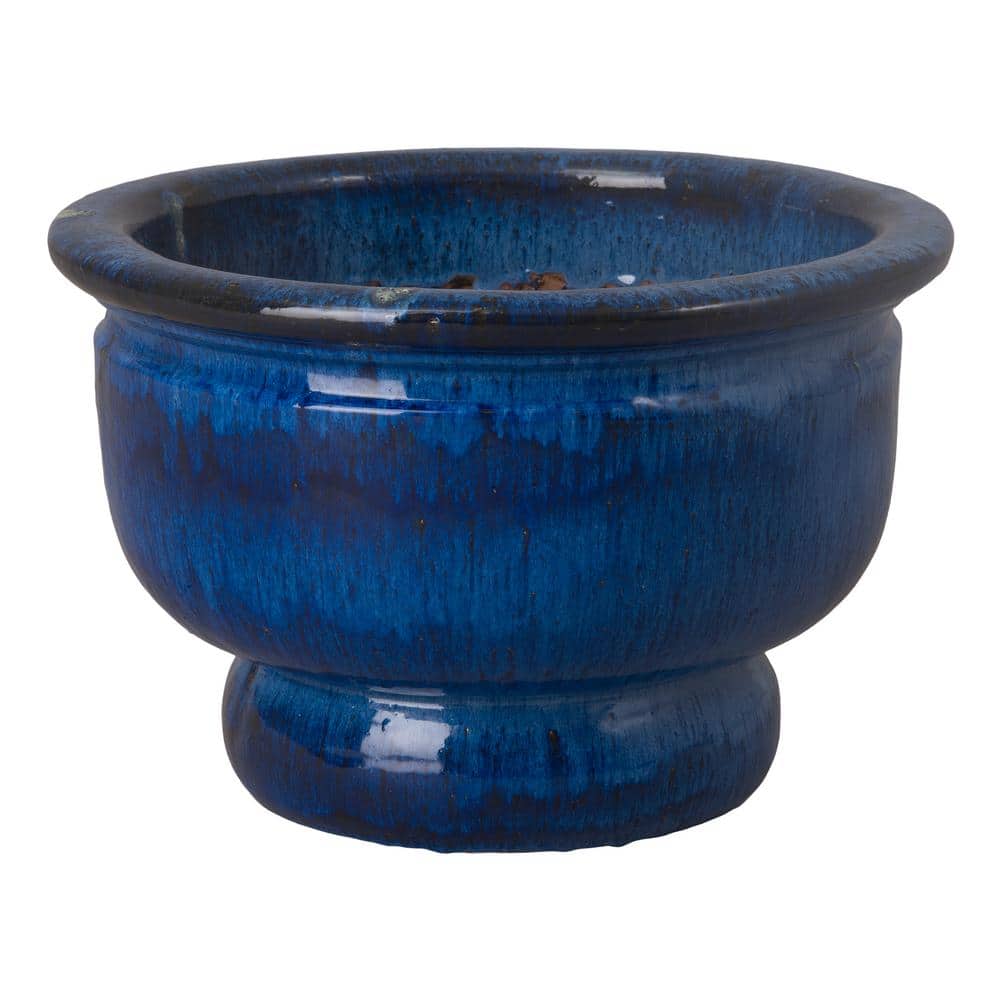 Emissary Pedestal 21 in. D x 14.5 in. H Blue Ceramic Round Planter with ...
