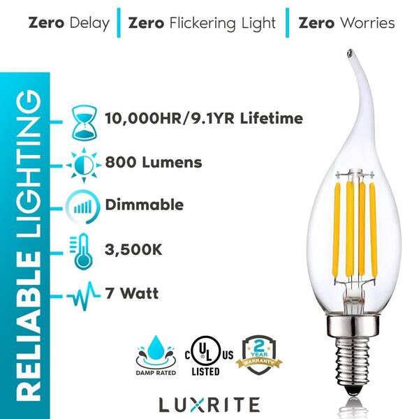 LUXRITE 100 Watt Equivalent 7 Watt E12 Base Chandelier LED Light Bulb 3500K Natural White 800 Lumens Dimmable Flame Tip 16 Pack LR21649 16PK The Home Depot