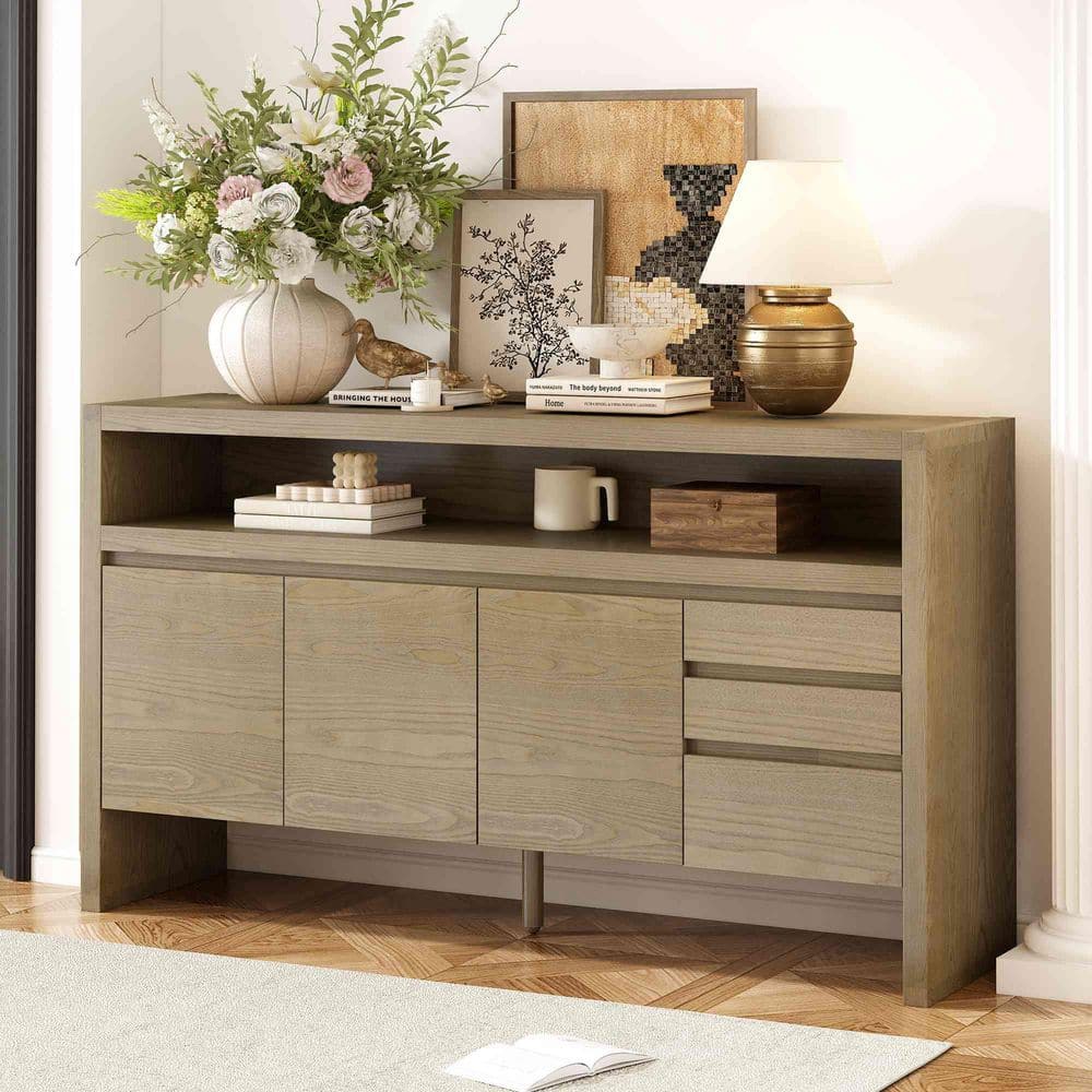 Polibi Natural Wood 60 in. Sideboards with 3 Drawers - Modern Solid Ash ...