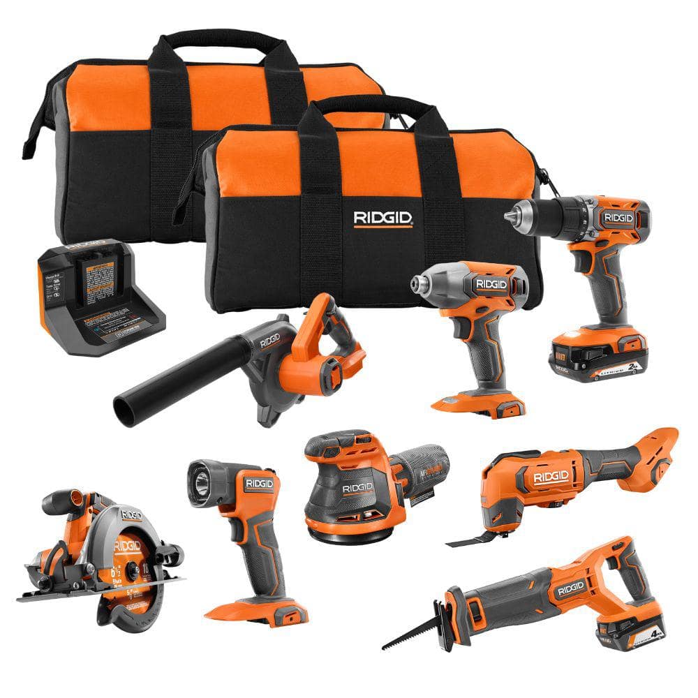 RIDGID 18V Cordless 8-Tool Combo Kit with 2.0 Ah Battery, 4.0 Ah ...