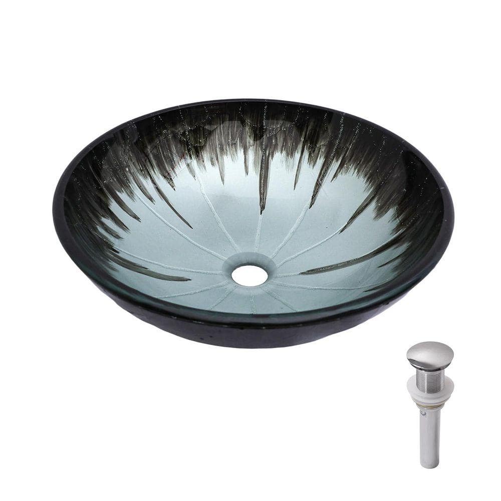 16.5 in. Round Vessel Bathroom Sink Tempered Glass in Gray Crackle with ...