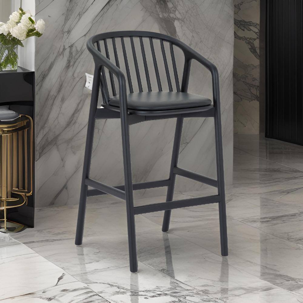 Benjara 35 in. Black Low Back Wood Frame Bar Stool with Faux Leather ...