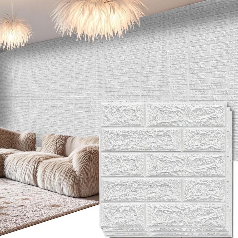 Wellco 1.25 ft x 1.15 ft White Self-Adhesive Faux Brick 3D Decorative ...