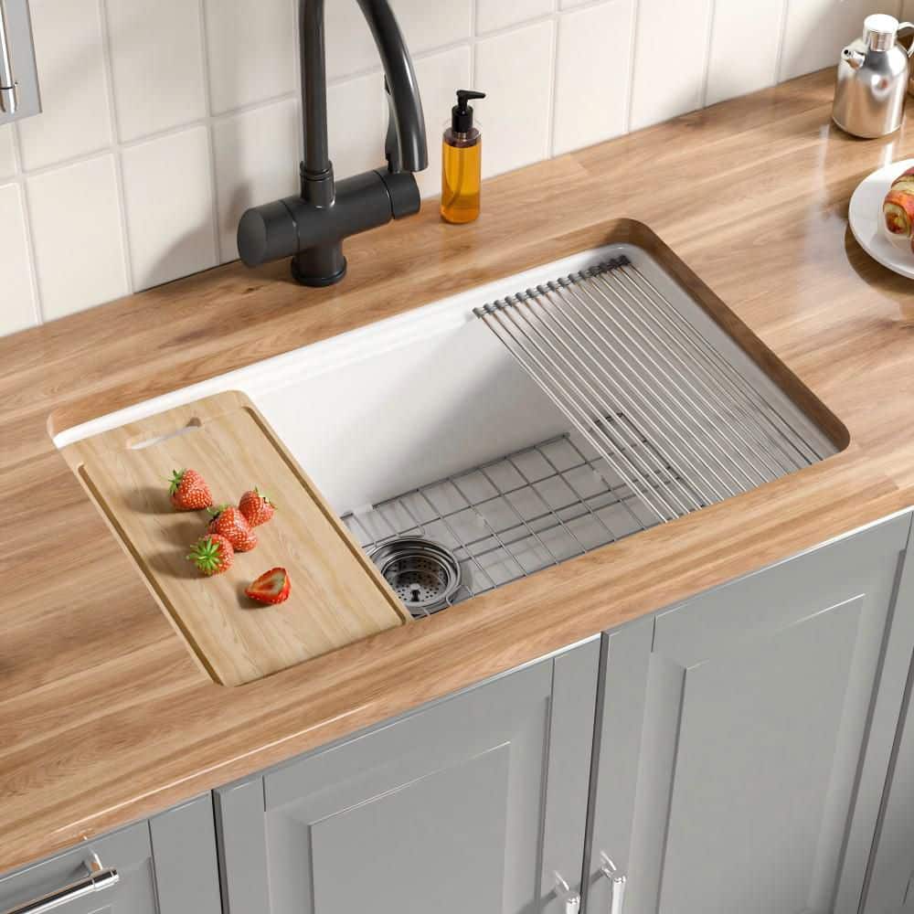 Vomlor Fireclay Workstation Kitchen Sink 30 in. Dual Drop-In Undermount ...