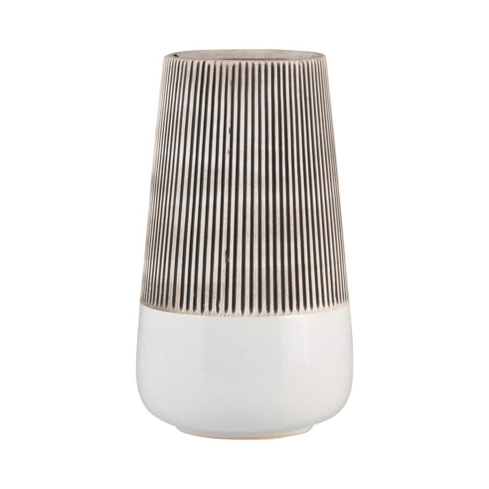 Liv & Skye 10 in. Ivory Tan Stoneware Ceramic Ridged Decorative Vase ...