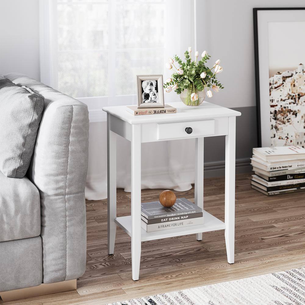 AndMakers 18.1 in. White Rectangular Wood End Table with 1-Drawer IH ...