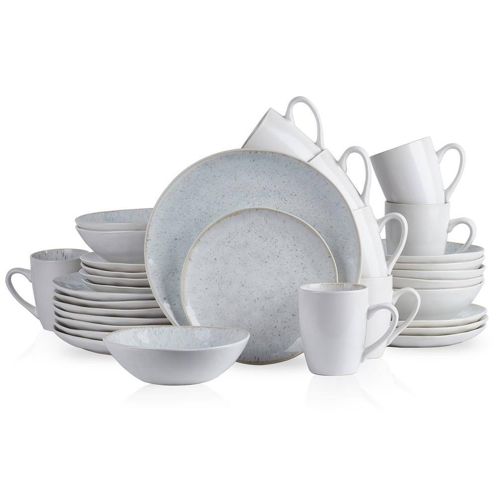 STONE LAIN Romy 32-Piece White and Black Spots Stoneware Dinnerware Set ...