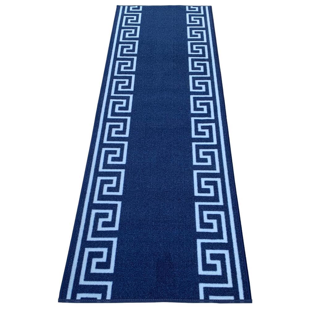 PLAYA RUG Greek Key Blue and White 26 in. W x 31 ft. L Runner Rug/Stair ...